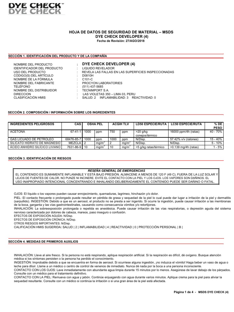 Hoja de Seguridad DYE CHECK DEVELOPER | PDF | Química