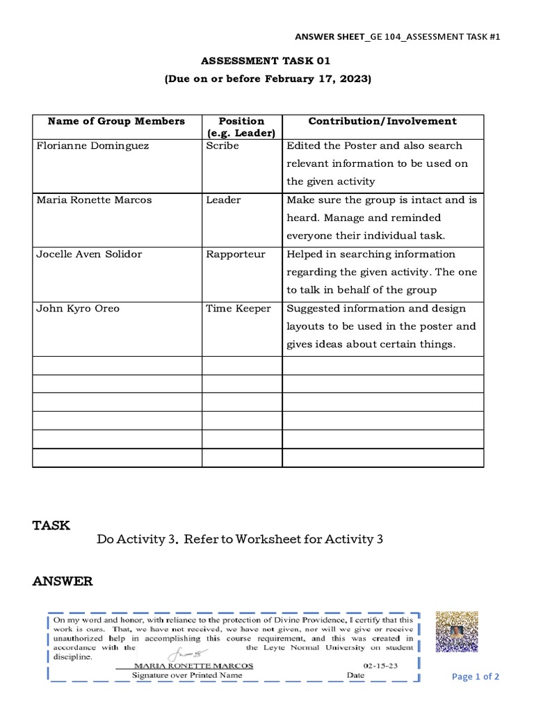 Activity 3 - Answer Sheet At01 - Part A | PDF