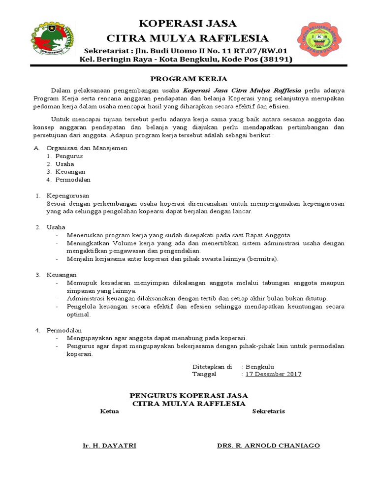 Program Kerja Koperasi Citra Mulya Rafflesia | PDF