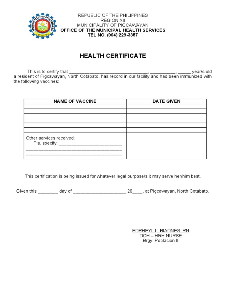 Philippine Health Certificate Template | PDF