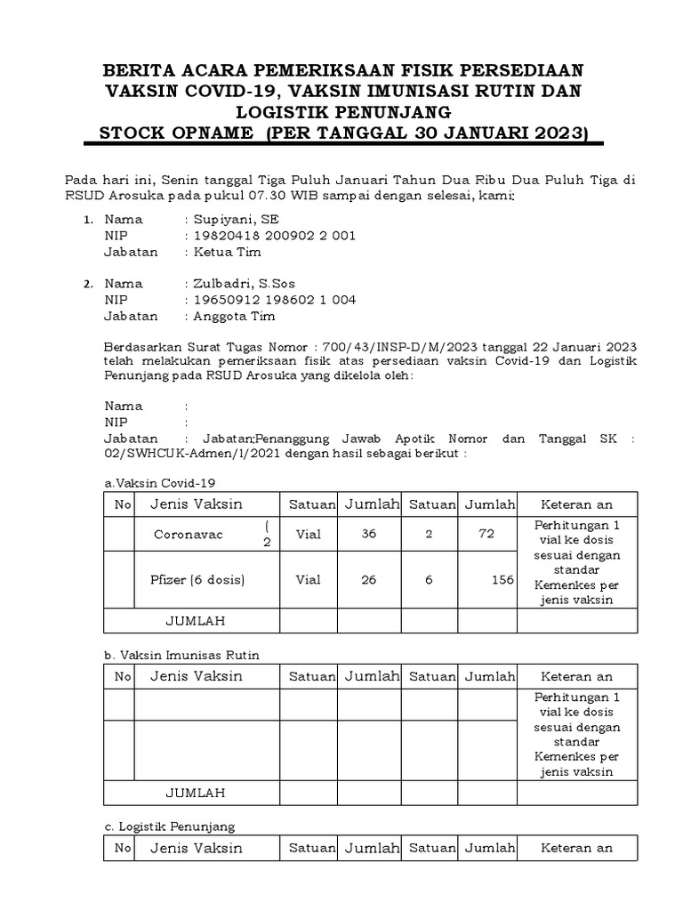 Berita Acara Pemeriksaan Fisik Persediaan Vaksin | PDF