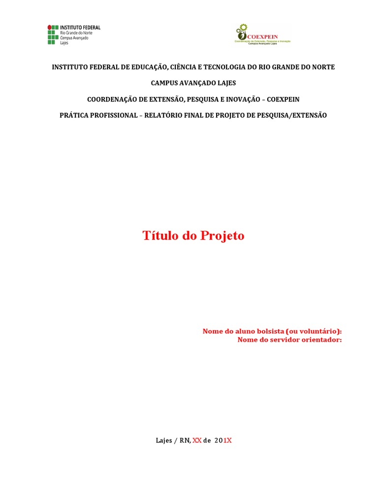 Relatório de projeto de pesquisa/extensão: "Título do Projeto | PDF | Abstract (resumo ...