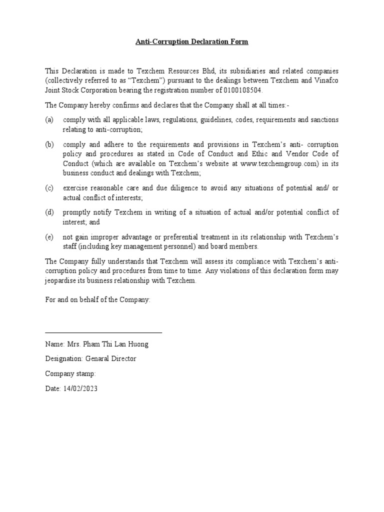 TexViet - Anti-Corruption Declaration Form - 2021.11.17 | PDF | Finance ...