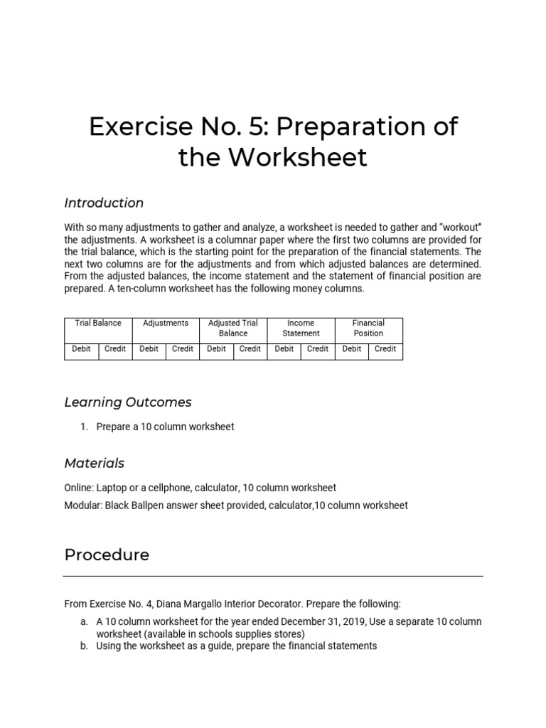 Exercise No. 5 Preparation of The Worksheet | PDF | Debits And Credits | Balance Sheet