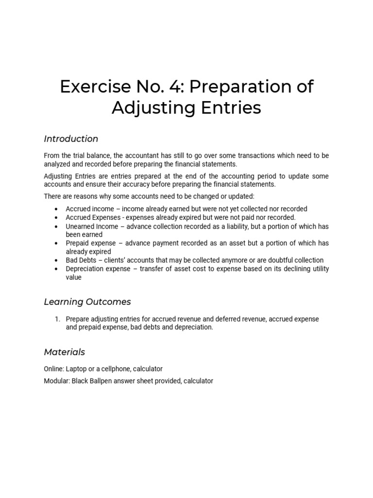 Exercise No. 4 Preparation of Adjusting Entries | PDF | Debits And ...