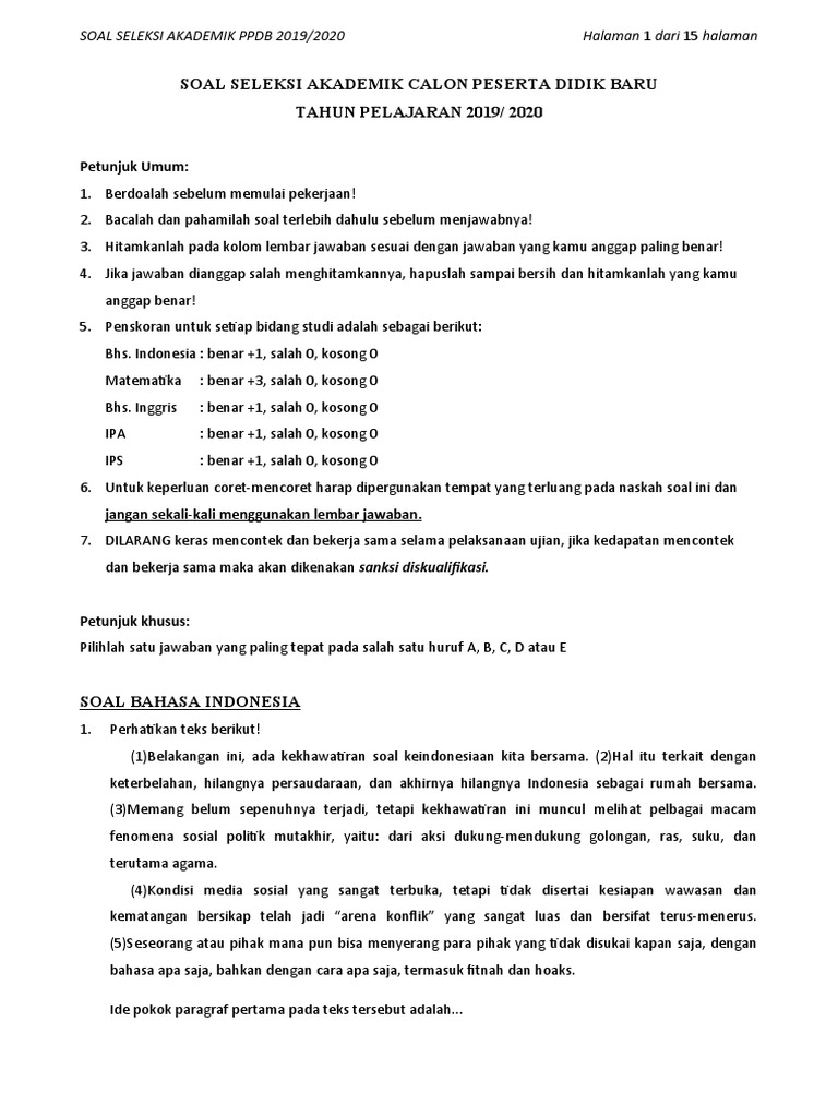 SOAL PPDB 2019 Gabung A4 | PDF