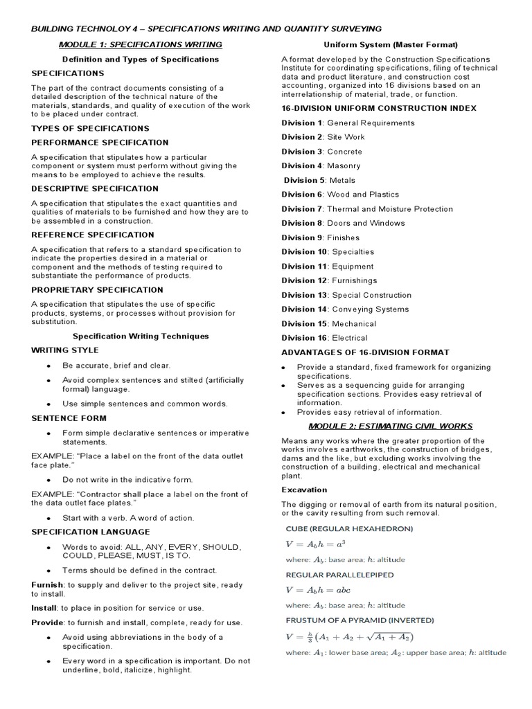 Building Technology 4 - Specifications Writing and Quantity Surveying ...