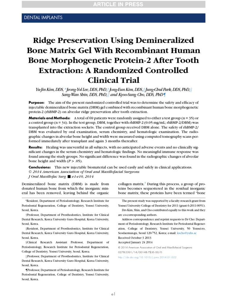 2014_Dental clinic paper_Ridge Preservation Using DBM Gel With RH BMP-2 ...