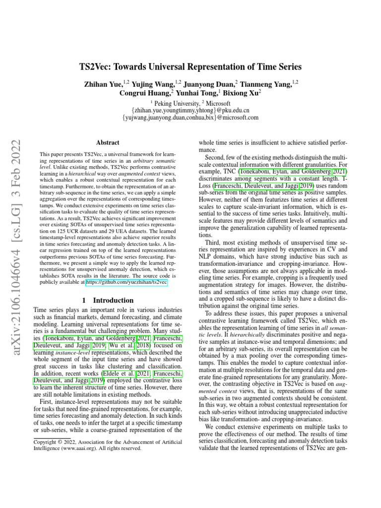 TS2Vec - Towards Universal Representation of Time Series | PDF | Time Series | Machine Learning