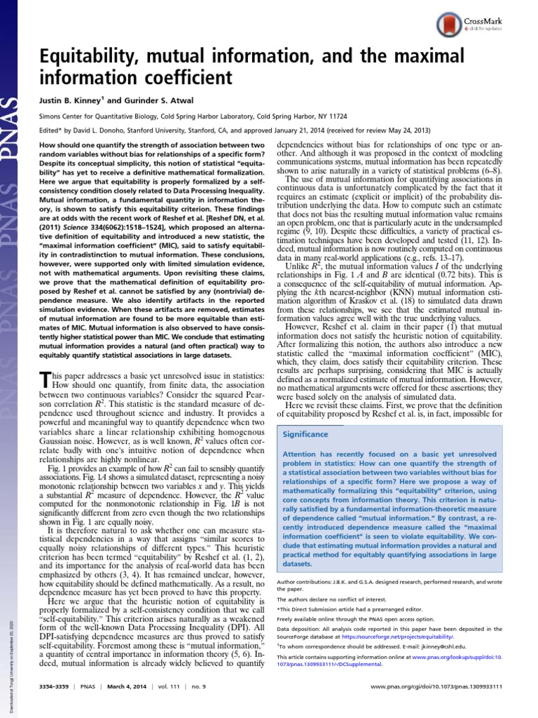 Equitability, Mutual Information, and The Maximal Information ...