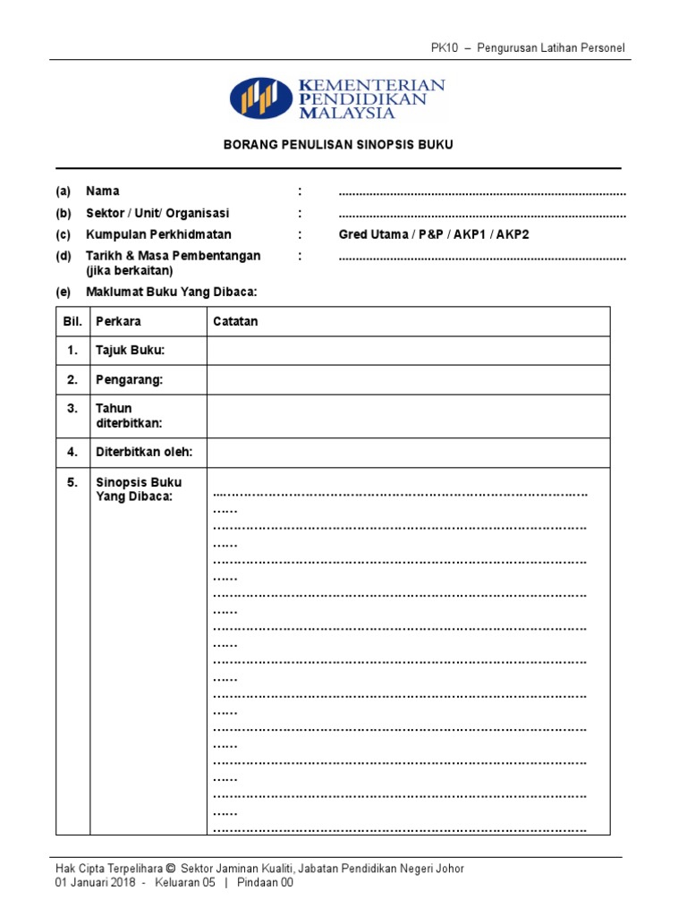 Borang Penulisan Sinopsis Buku | PDF