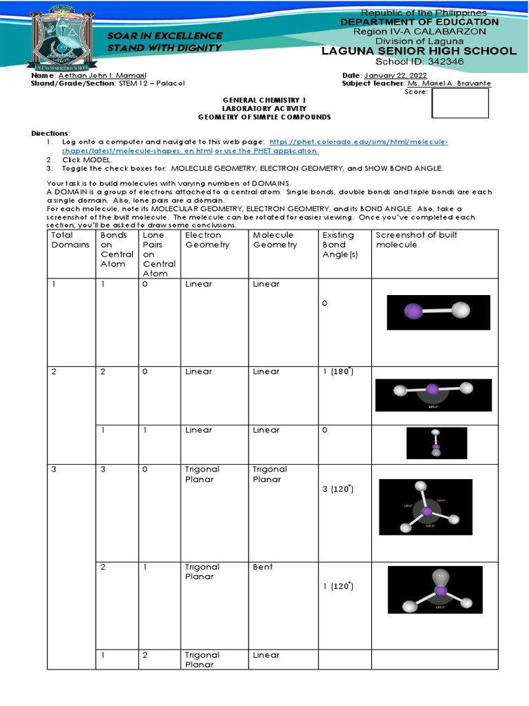ACTIVITY SHEET Geometry of Simple Compounds | PDF | Chemical Bond ...