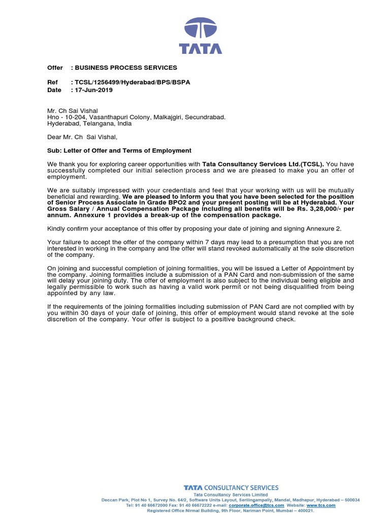 TCS - OfferLetter | PDF | Insurance | Compensation And Benefits