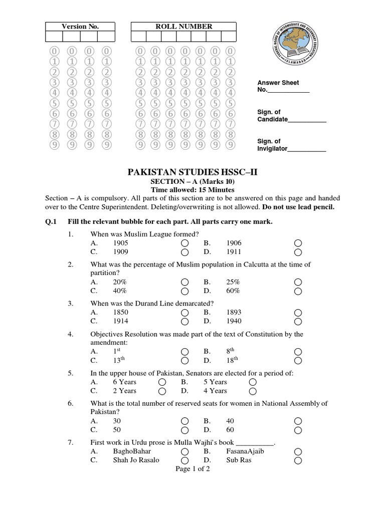 Pakistan Studies HSSC-II Model Question Paper | PDF | Pakistan | All India Muslim League