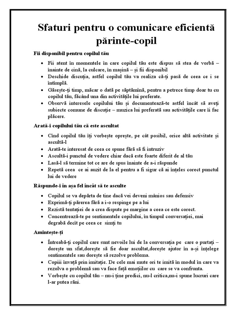 Sfaturi Pentru o Comunicare Eficienta Parintecopil | PDF