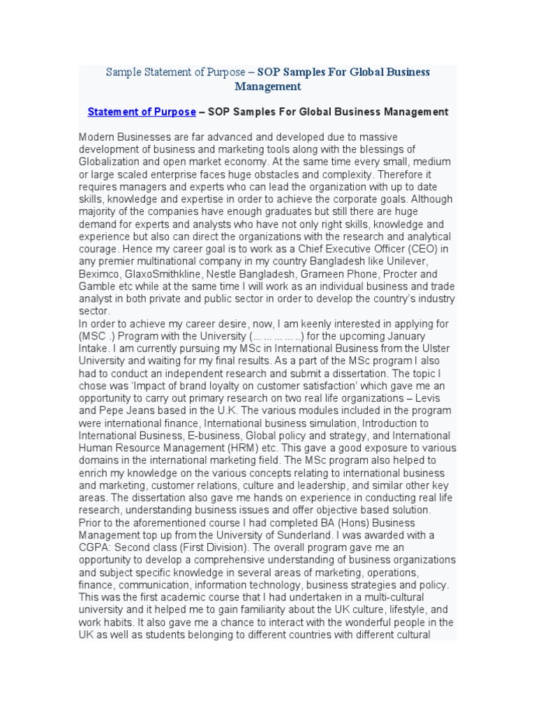 SOP Samples for Global Business Management | PDF | Experience | Thought