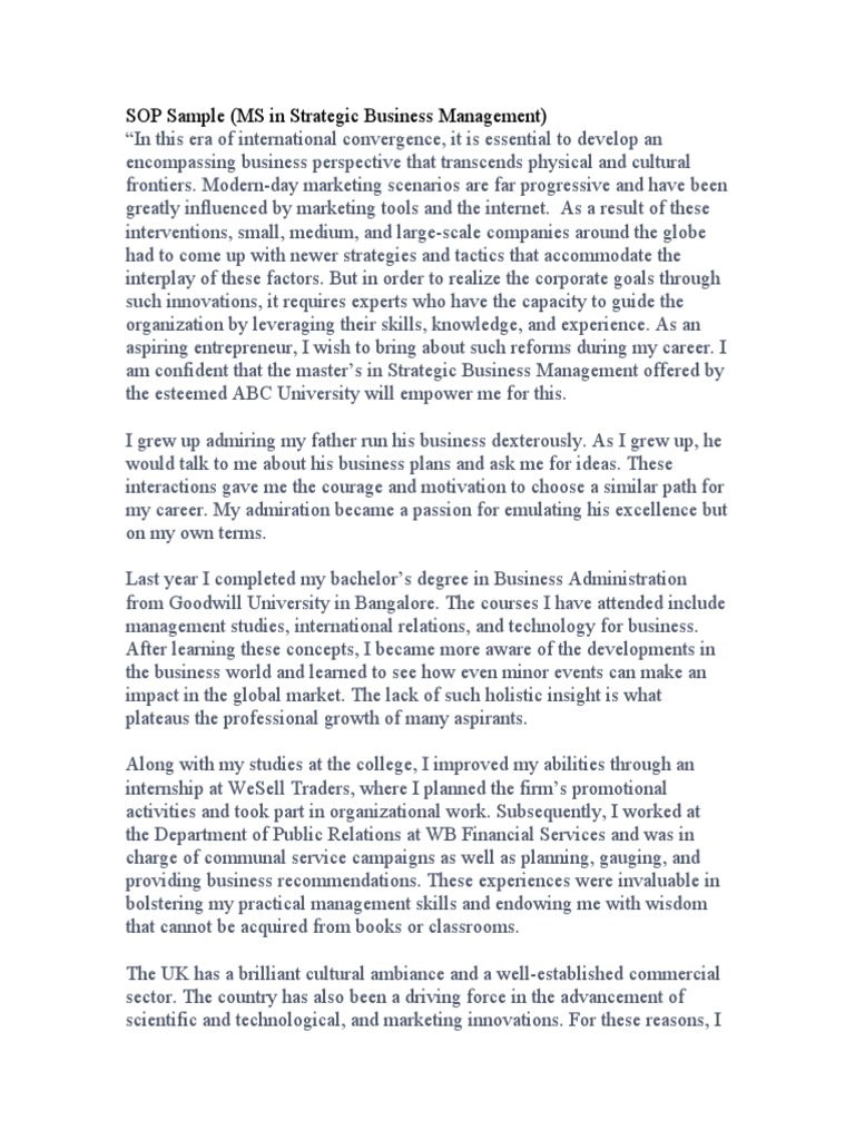 SOP Sample (MS in Strategic Business Management) | PDF ...