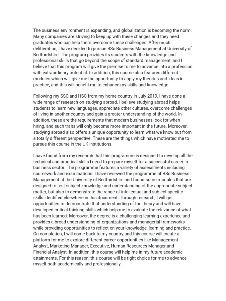 SOP - BSC Business Management | PDF | International Student | Business