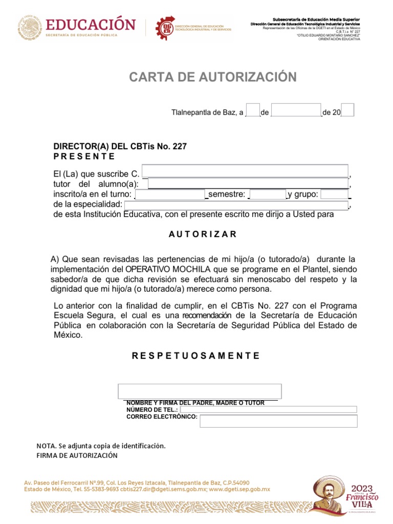 Carta de Autorizacion 2023 | PDF