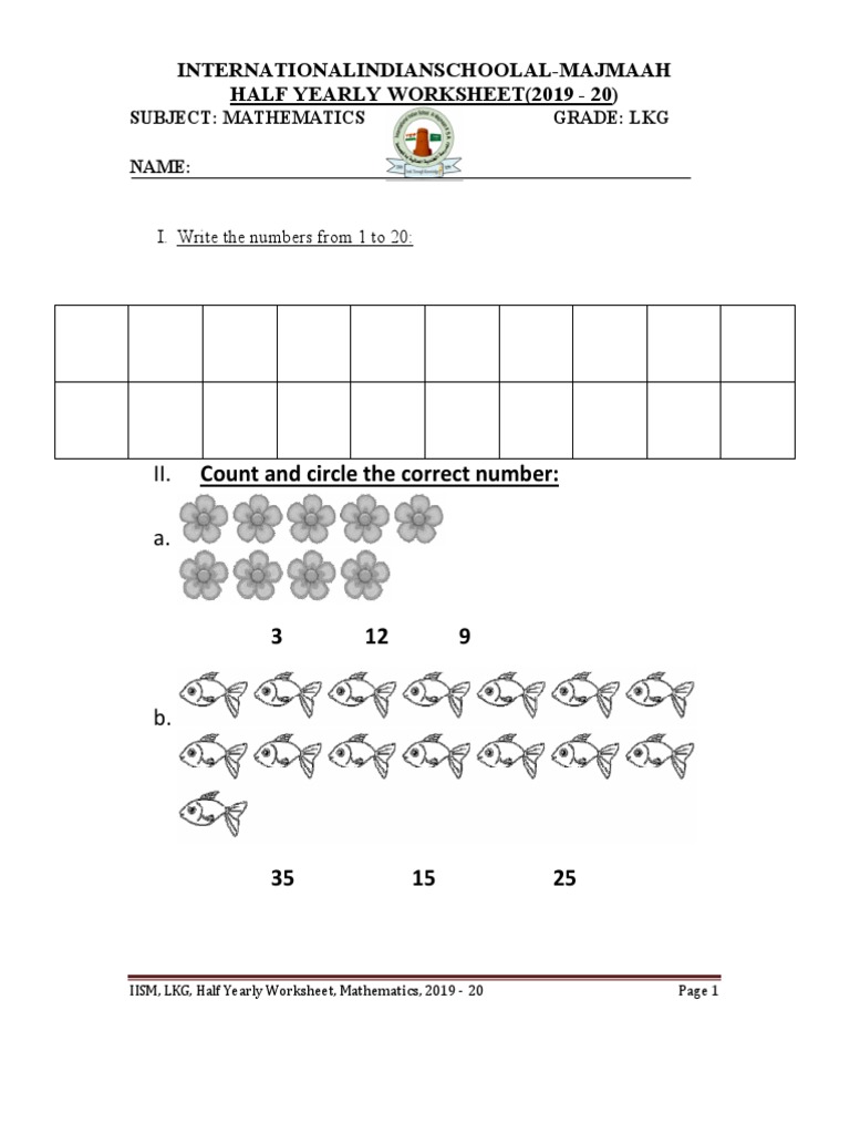 LKG Mathematics Half Yearly Worksheet | PDF