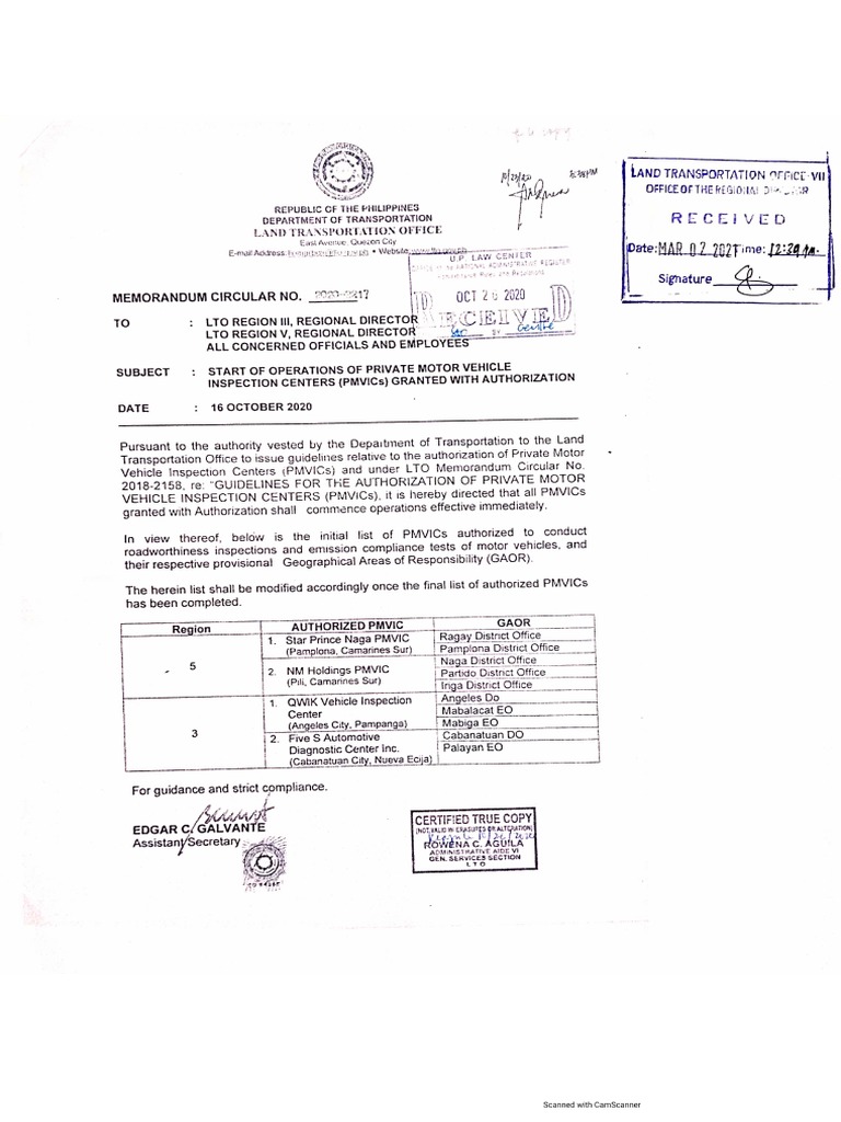 MEMORANDUM CIRCULAR NO. 2020-2217 START OF OPERATIONS OF PRIVATE MOTOR ...