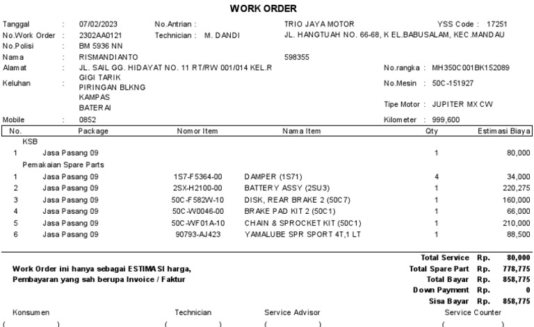 Yamaha Service Work Order Details | PDF