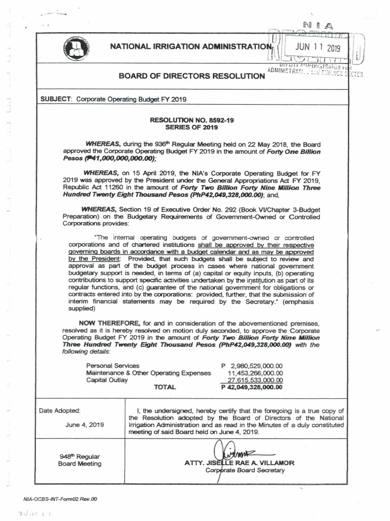 2019 - COB - Board Resolution | PDF | Expense | Economies