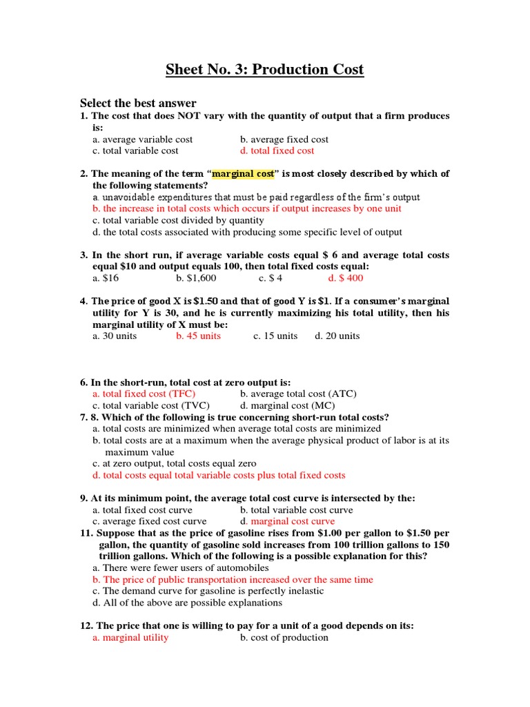 Production Cost Questions With Answers | PDF | Marginal Cost | Economics