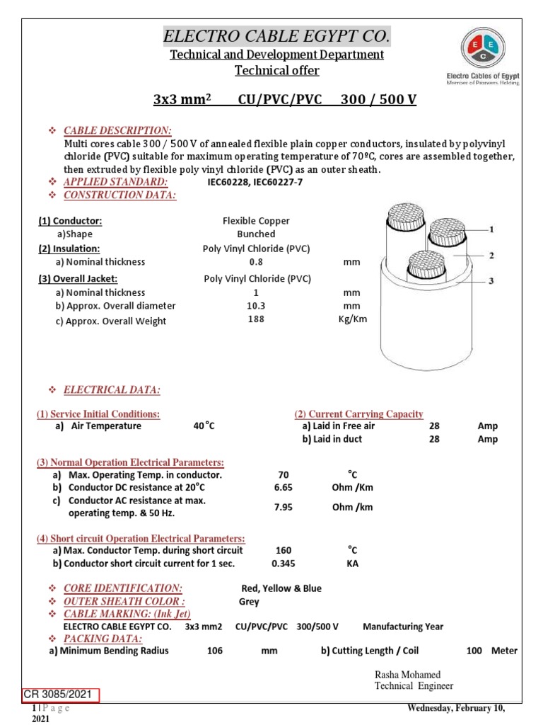 Electro Cable Egypt Co.: 3x3 MM CU/PVC/PVC 300 / 500 V | PDF | Polyvinyl Chloride | Electrical ...