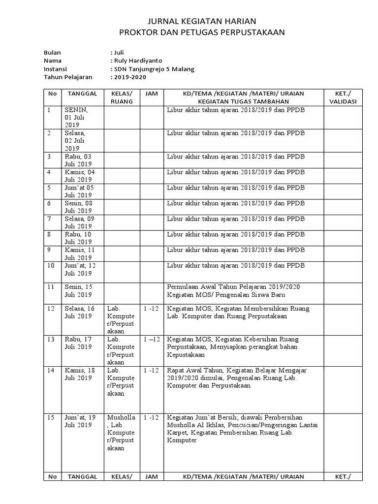 JURNAL KEGIATAN HARIAN PROKTOR Dan PETUGAS PERPUSTAKAAN | PDF