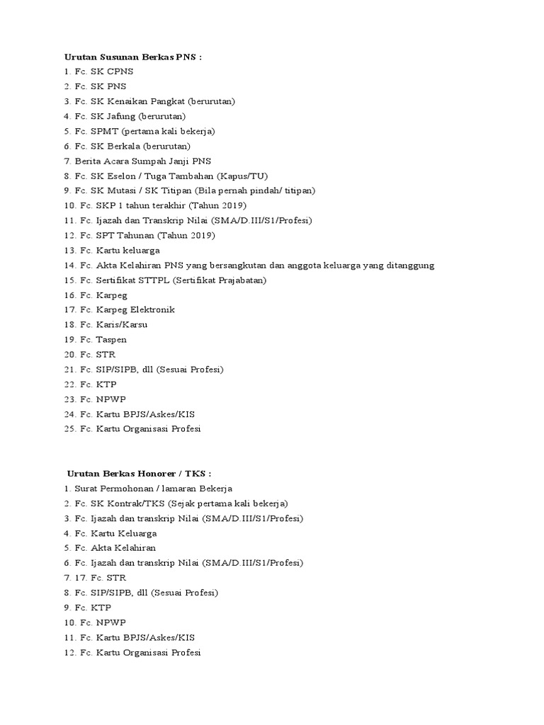 Urutan Berkas PNS dan Honorer | PDF