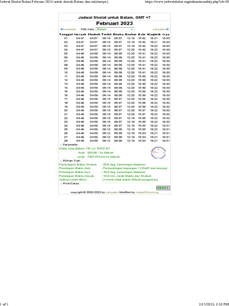 Jadwal Sholat Bulan Februari 2023 Untuk Daerah Batam Dan Sekitarnya | PDF