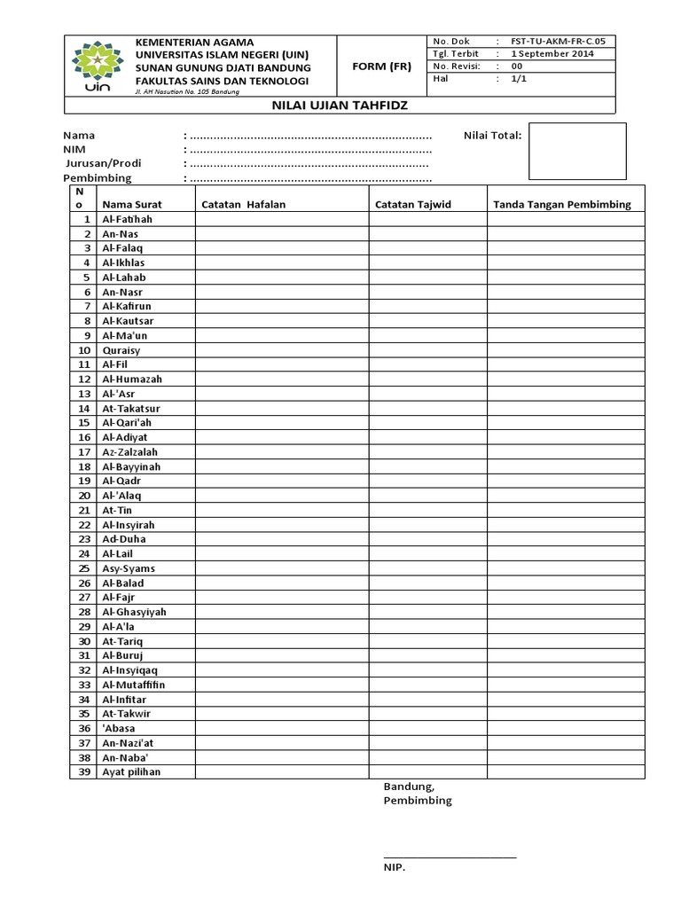 Form Nilai Ujian Tahfidz | PDF