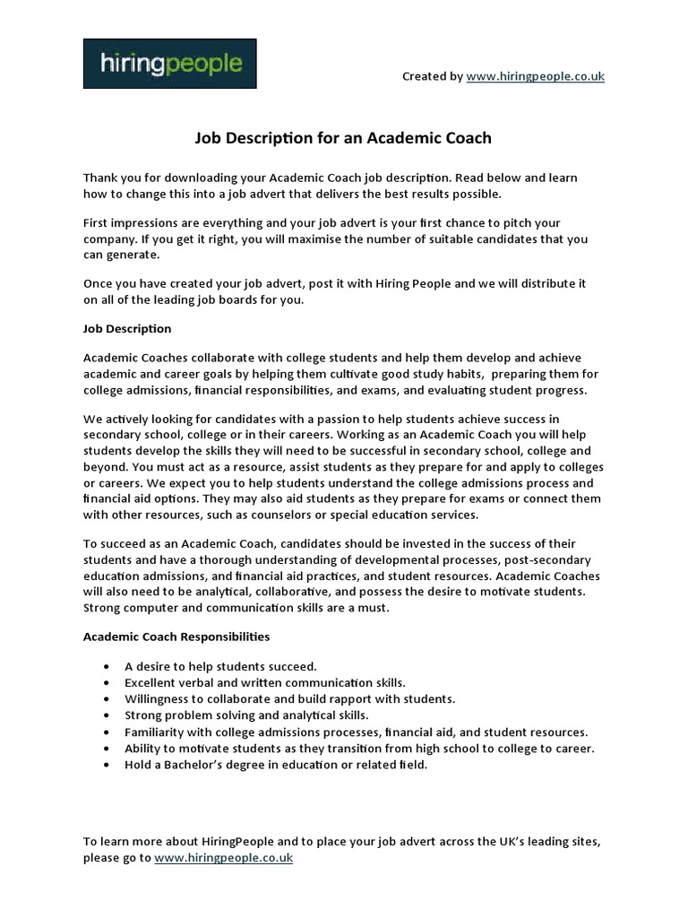 Academic Coach Job Description | PDF | University And College Admission ...