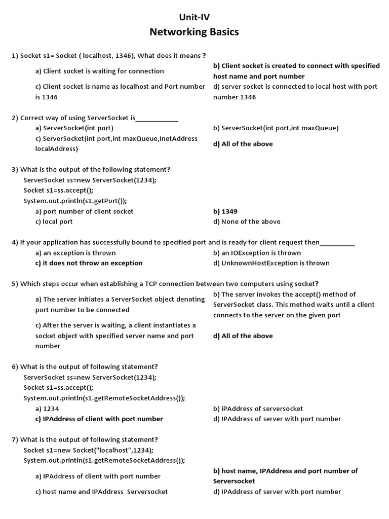 Networking Basics: Socket and ServerSocket Quiz | PDF | Port (Computer Networking) | Internet ...