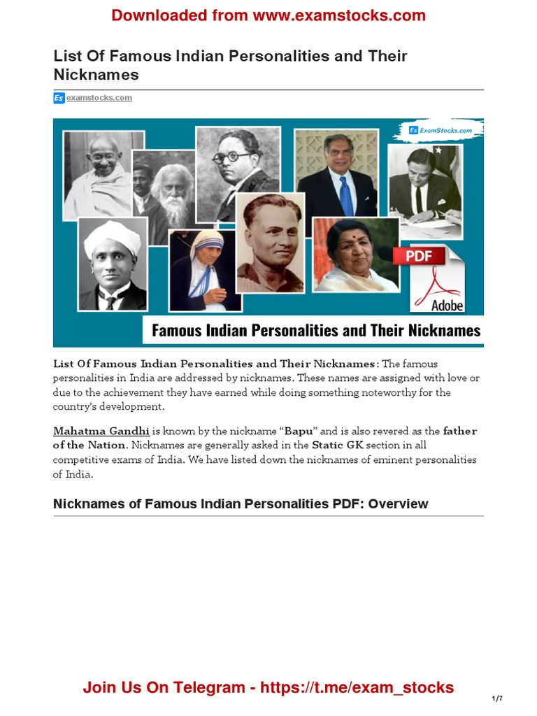 List of Famous Indian Personalities and Their Nicknames PDF @exam ...
