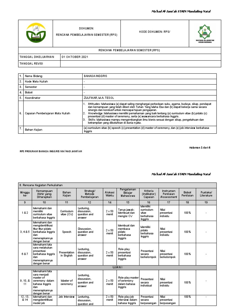 RPS Bahasa Inggris Ma'had 2021 | PDF | Karier & Perkembangan