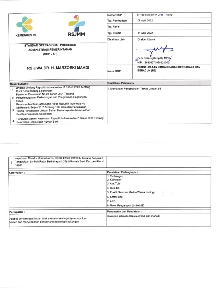 SOP Pengelolaan Limbah Bahan Berbahaya Dan Beracun B3 2022 | PDF