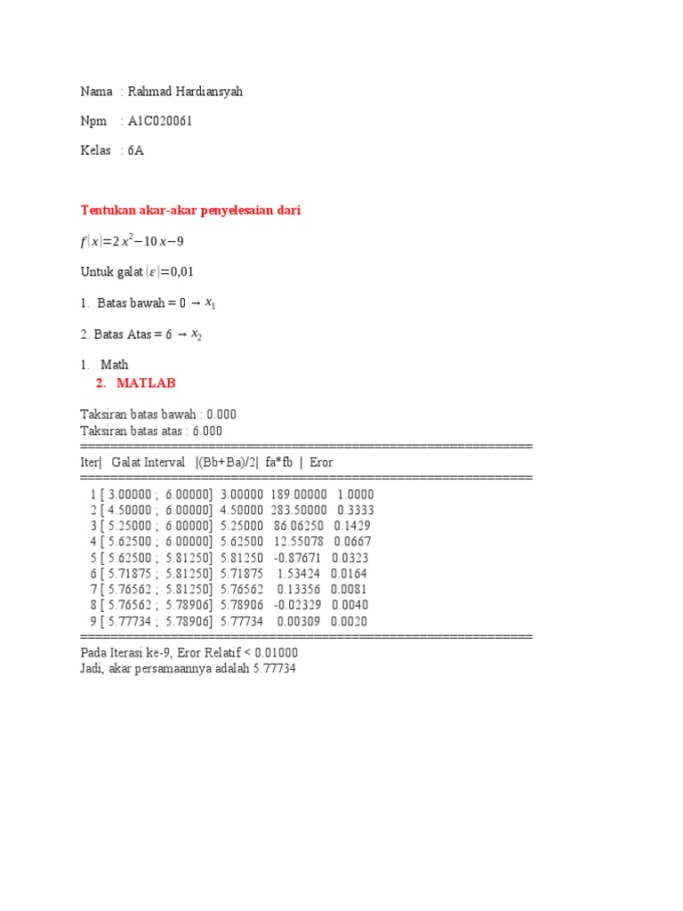 6a - A1c020061 - Rahmad Hardiansyah - Metode Biseksi | PDF