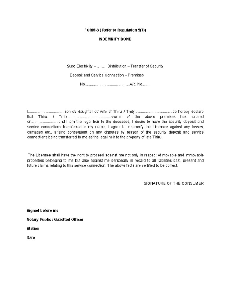TNEB Name Transfer Form 3 Indemnity Bond Refer To Regulation 57 | PDF ...