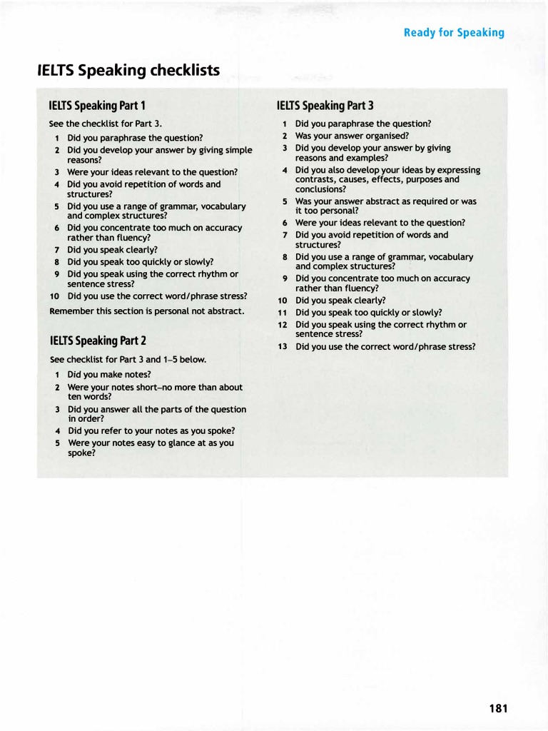 IELTS Speaking Checklist Guide | PDF | Question | Fluency