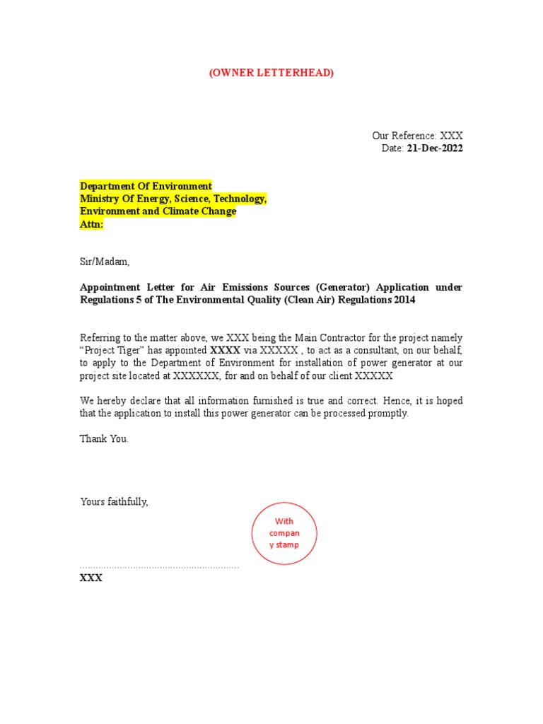 Appointment Letter for Air Emissions Consultant | PDF