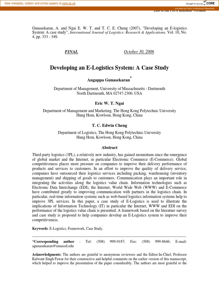CASR STUDY Developing An E-Logistics System | PDF | Logistics | Supply Chain
