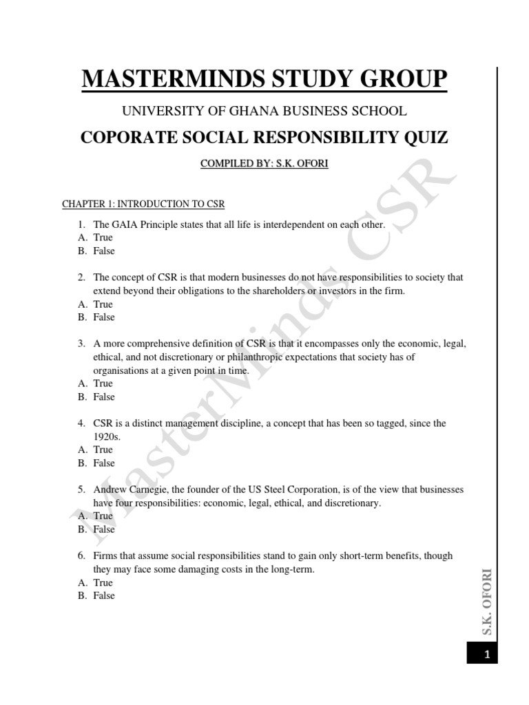 Masterminds Study Group: Coporate Social Responsibility Quiz | PDF ...