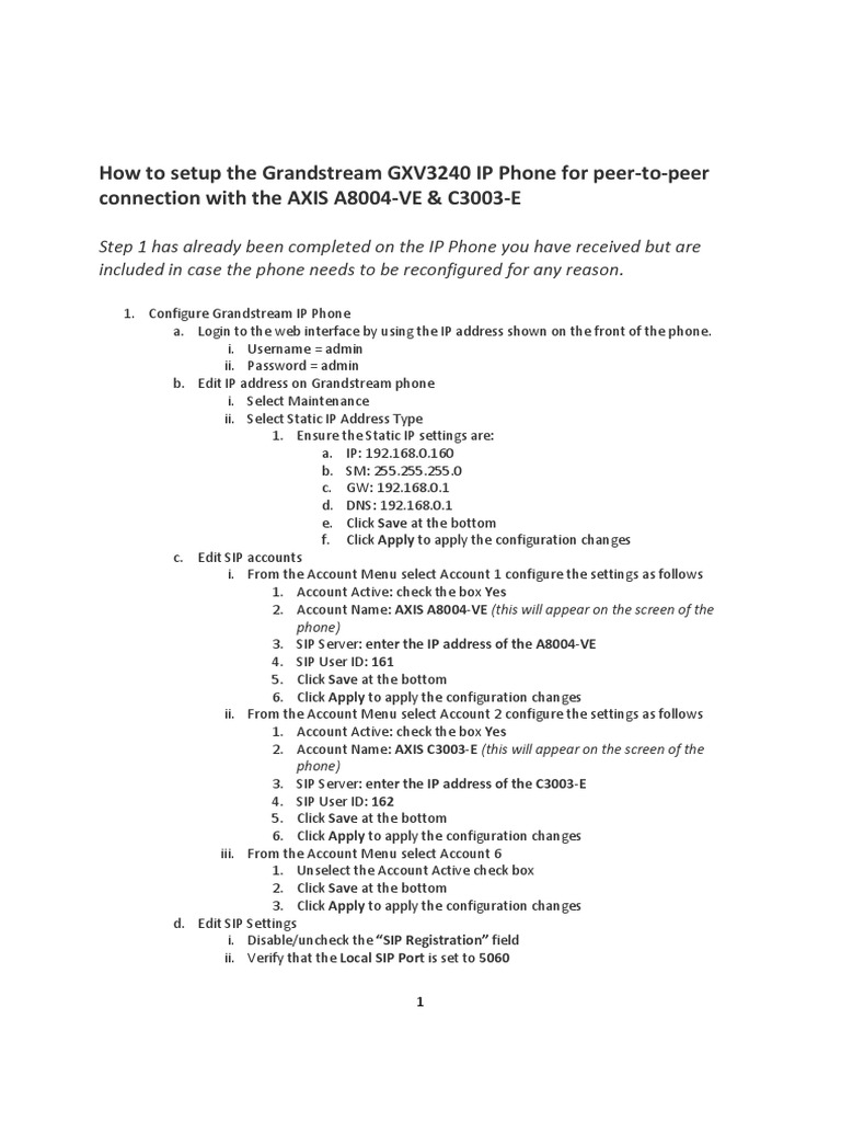 Setup Grandstream IP Phone for peer calls with AXIS cameras | PDF | Session Initiation Protocol ...