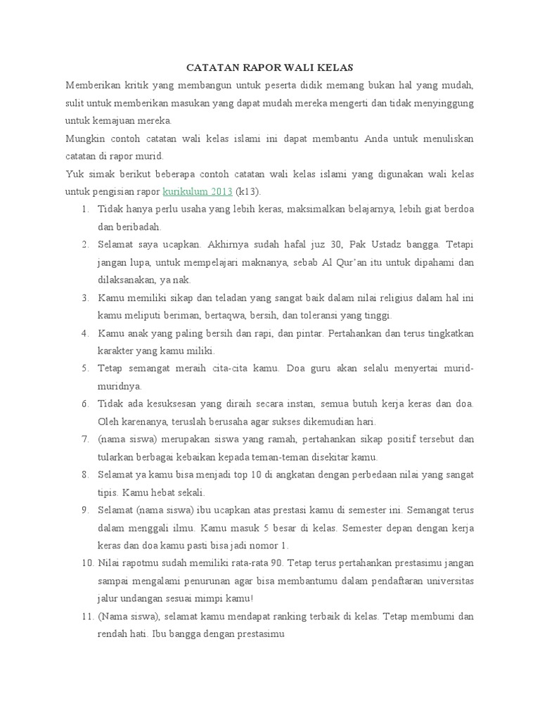 Catatan Rapor Wali Kelas | PDF | Karier & Perkembangan | Kesehatan Holistik