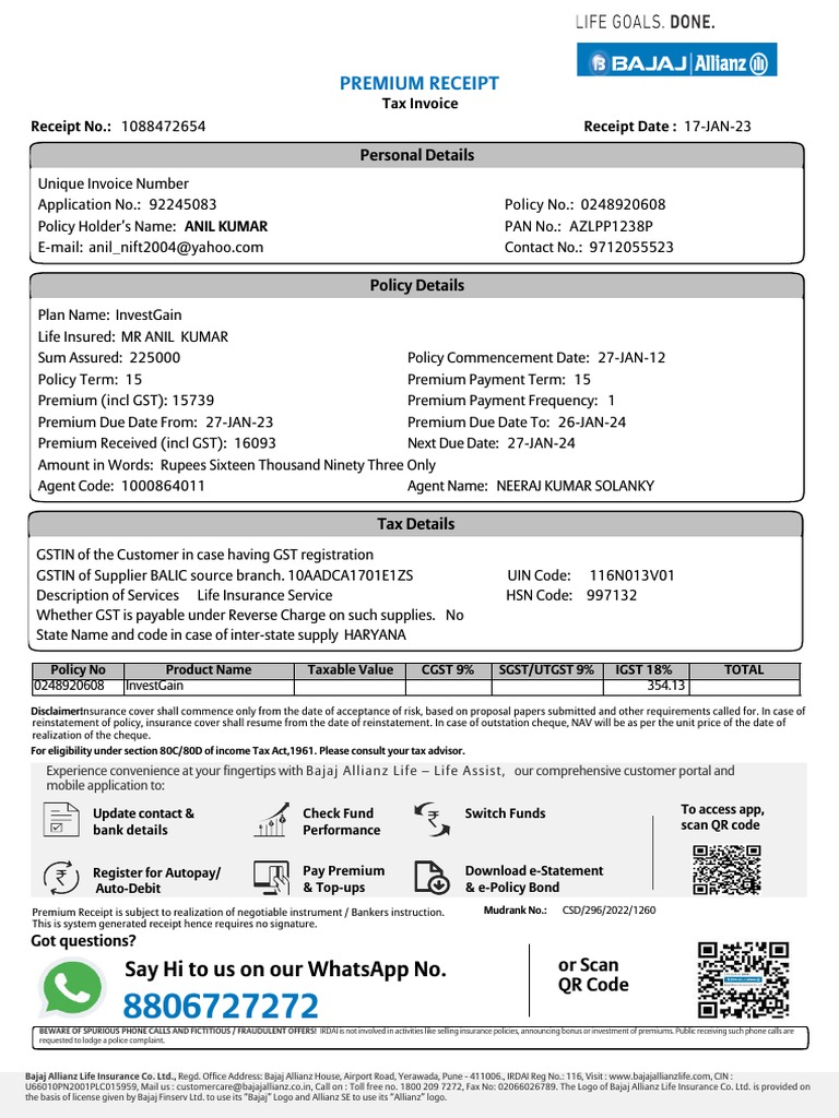 Bajaj AL-Premium Receipts2 | PDF | Insurance | Taxes