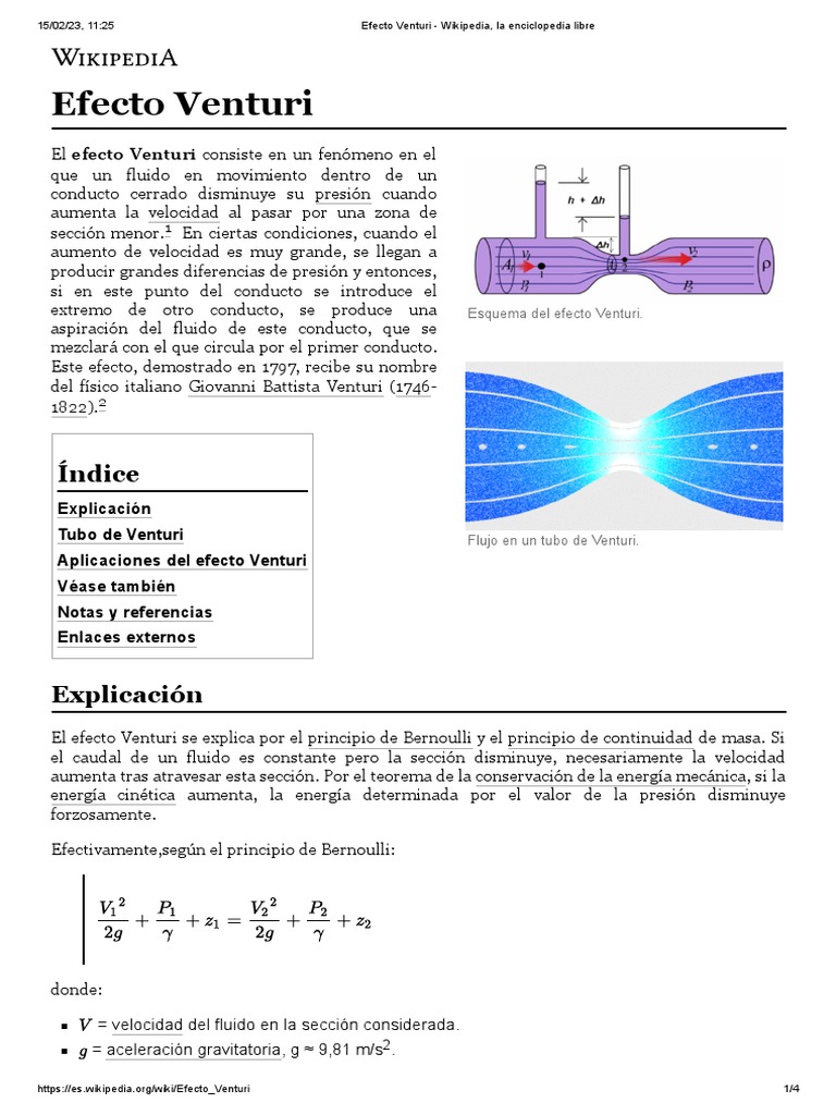 Efecto Venturi - Wikipedia, La Enciclopedia Libre | PDF | Levantar (Fuerza) | Cantidades fisicas