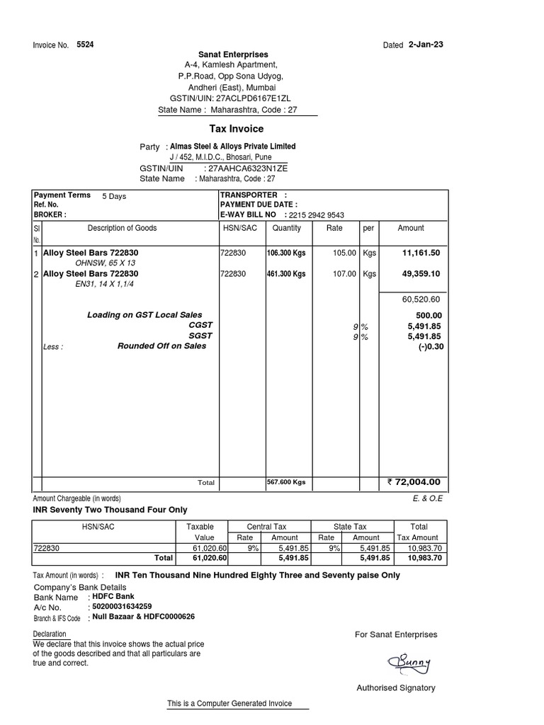 Alloy steel invoice | PDF | Government Finances | Taxes