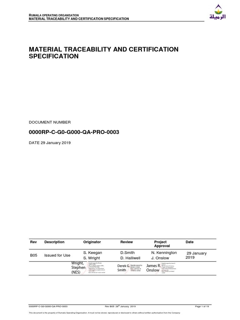 0000rp-C-G0-G000-Qa-Pro-0003-B05 Material Tracibility | PDF ...